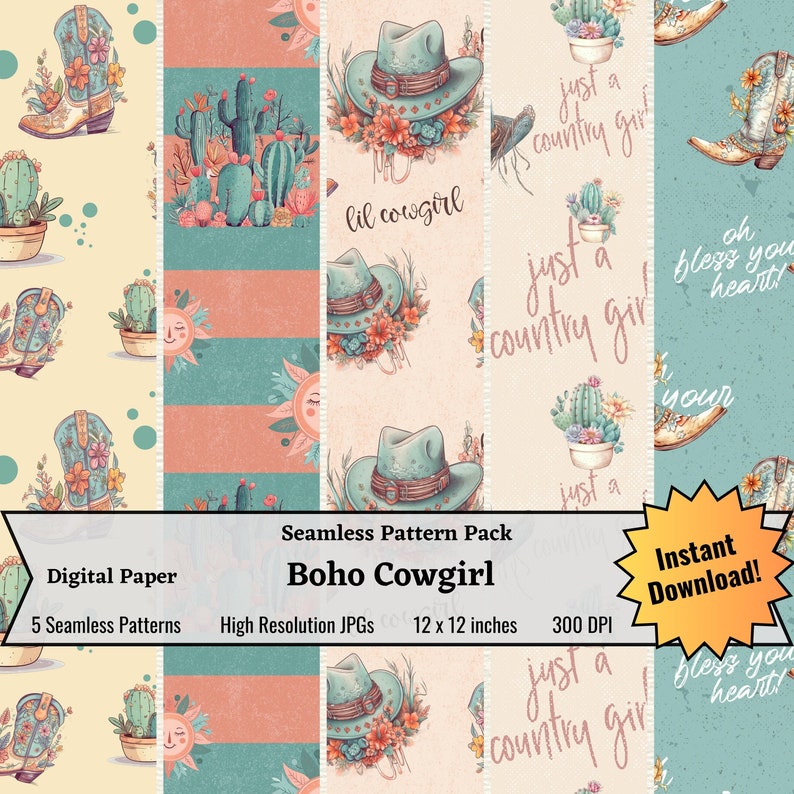 Boho Cowgirl Digital Paper, Seamless Boho Cowgirl Patterns, Cute ...