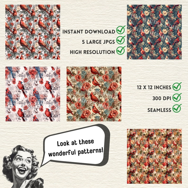 Vintage Chic Cardinal Patterns, Seamless Chic Patterns, Vintage Bird ...