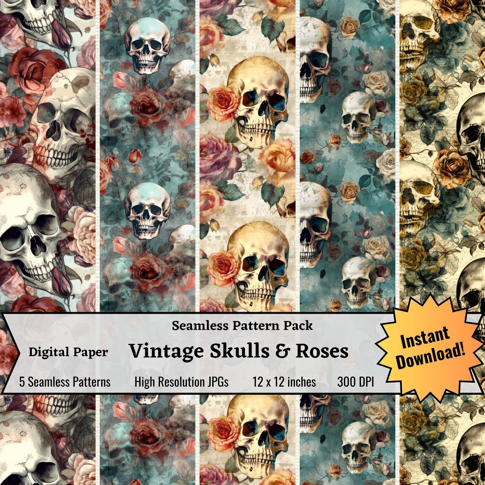 Vintage Chic Skulls Patterns, Seamless Skulls Chic Patterns, Seamless ...