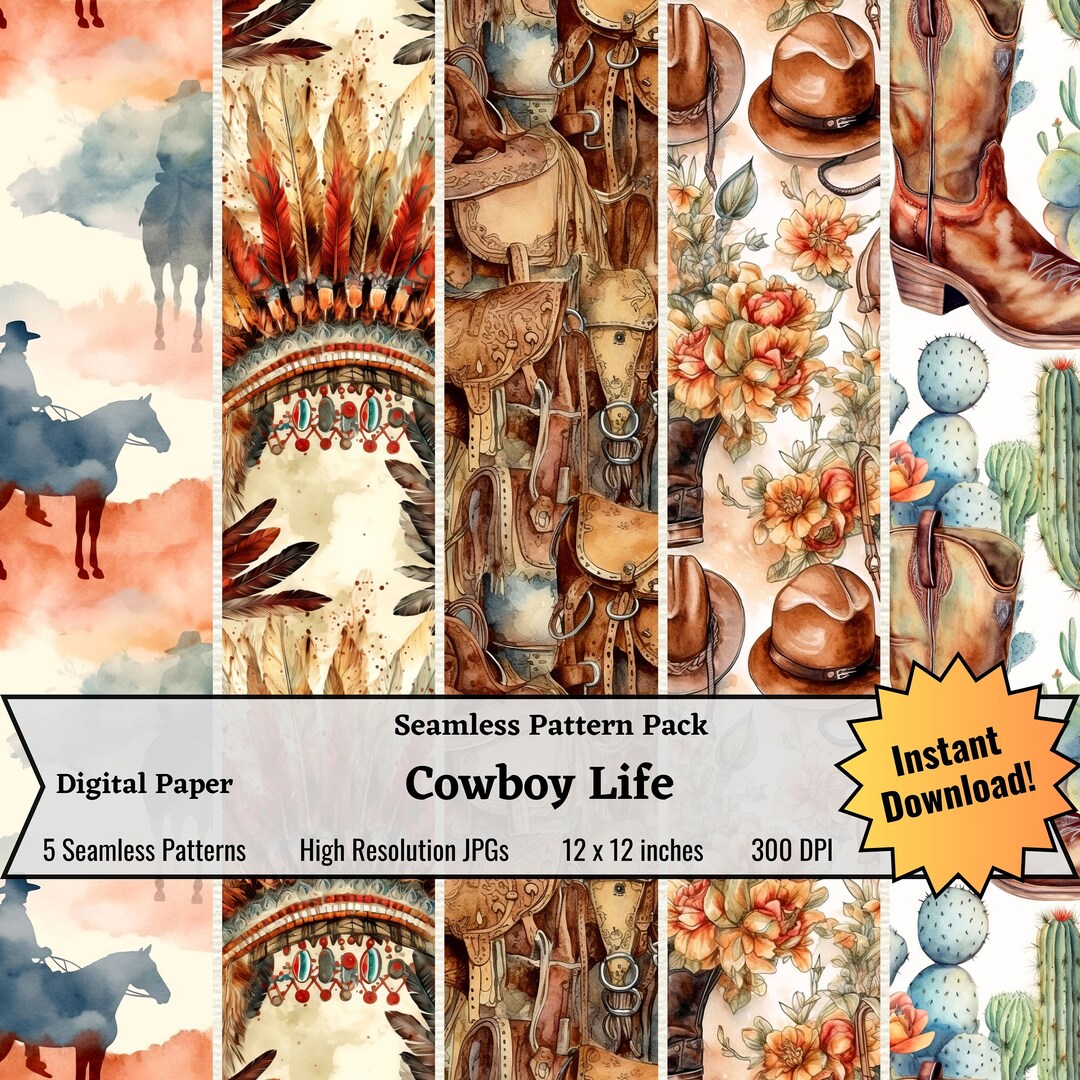Cowboy Digital Paper, Seamless Cowboy Patterns, Wild West Patterns ...