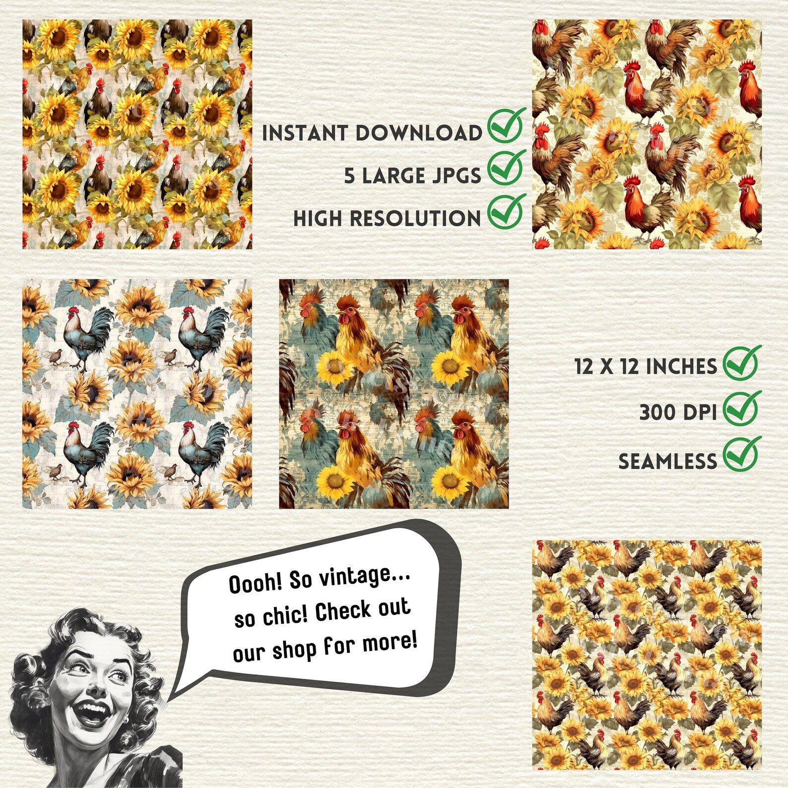 Vintage Chic Rooster Patterns, Seamless Chic Rooster Patterns, Vintage ...