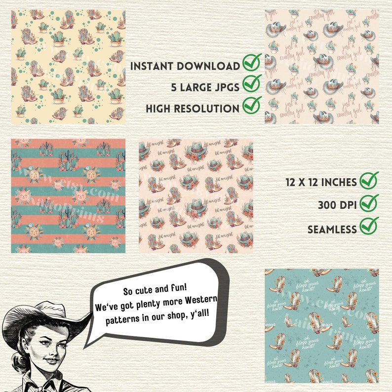 Boho Cowgirl Digital Paper, Seamless Boho Cowgirl Patterns, Cute ...