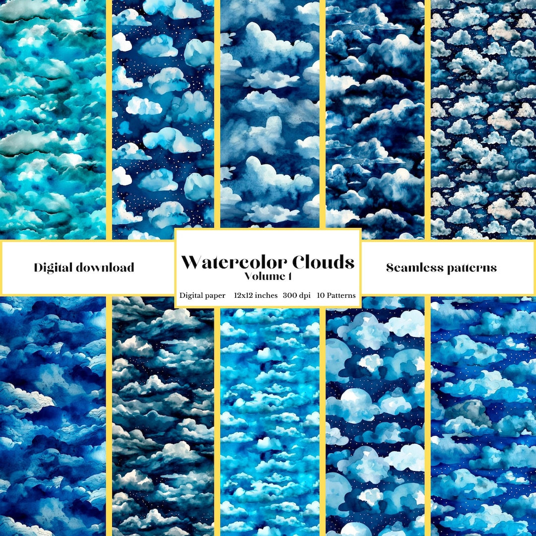 Watercolor Clouds Digital Paper, Seamless Clouds Pattern, Night Sky ...