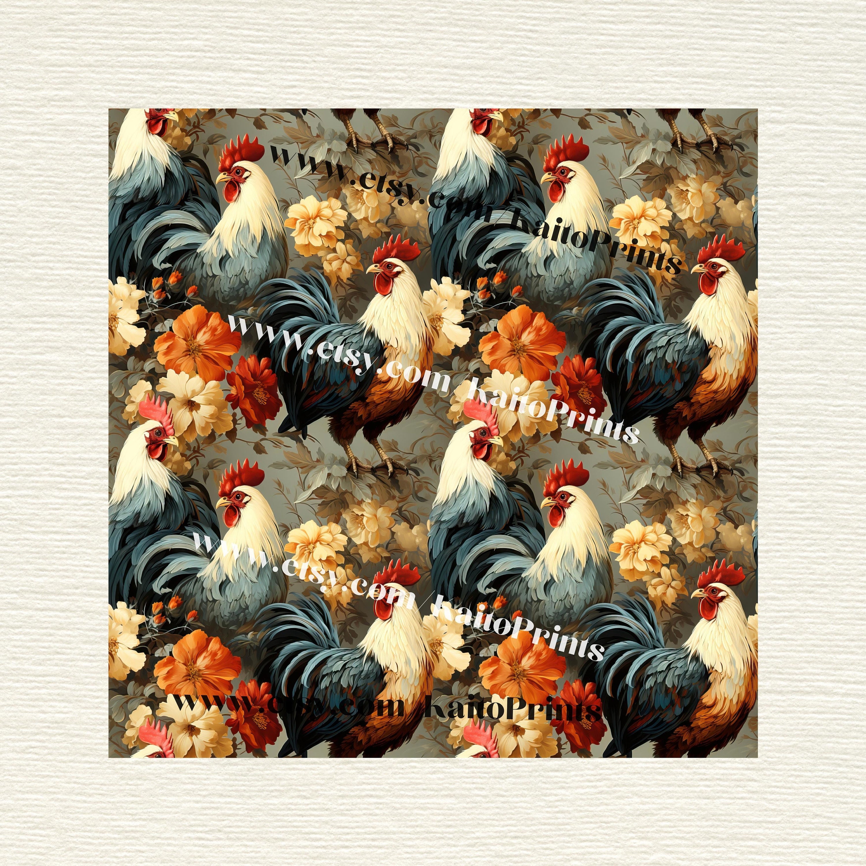 Painted Chic Rooster Patterns, Seamless Chic Rooster Patterns, Vintage ...