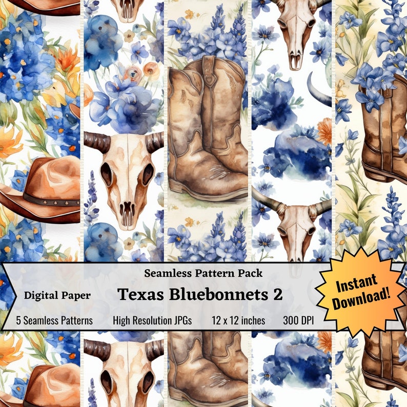 Bluebonnet Digital Paper, Seamless Bluebonnet Patterns, Cowboy Patterns ...