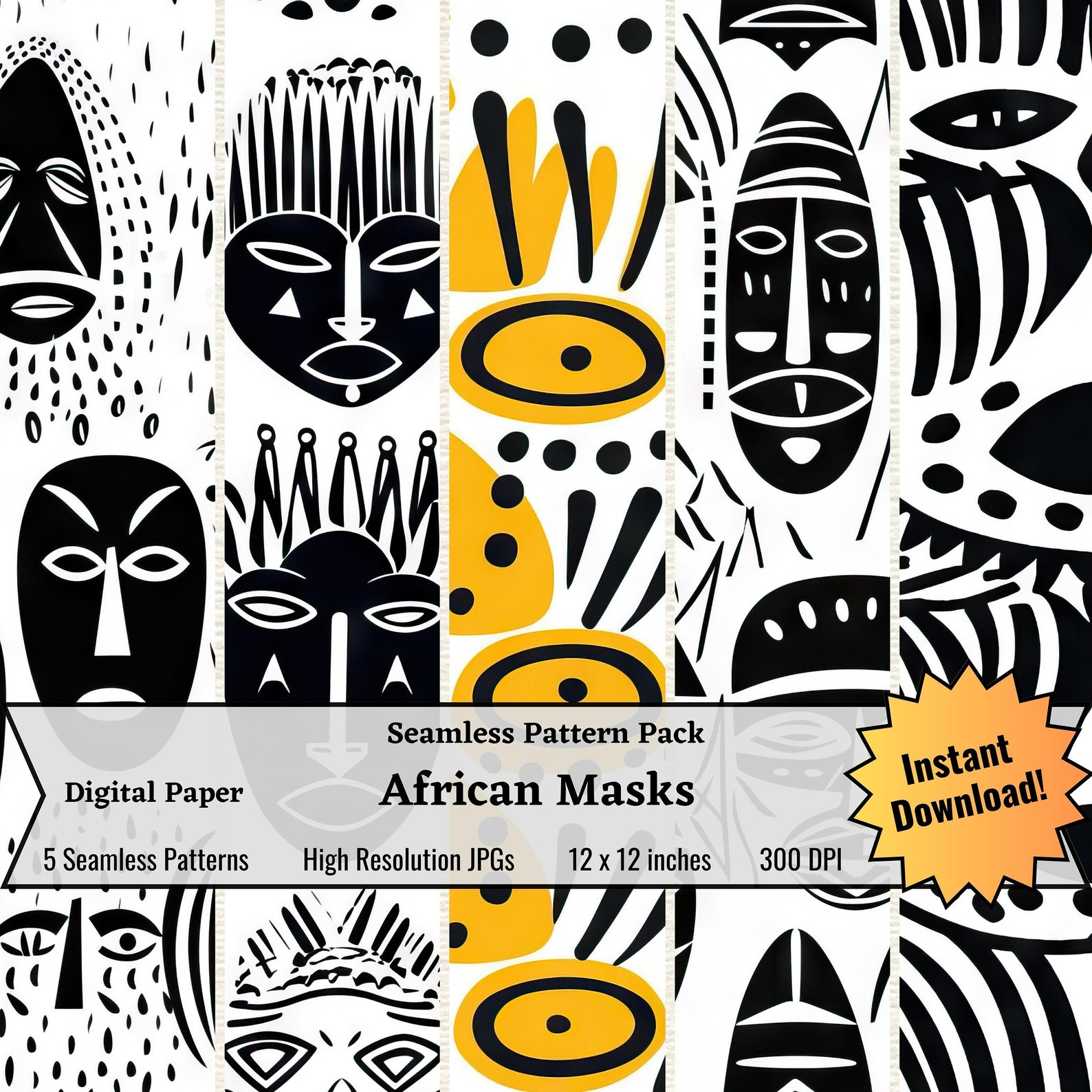 African Masks Pattern, Abstract African Patterns, African Tribal Patterns, African Mask Digital ...