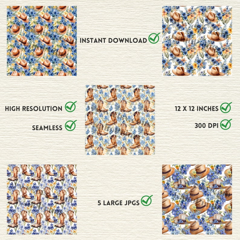 Bluebonnet Digital Paper, Seamless Bluebonnet Patterns, Cowboy Patterns ...