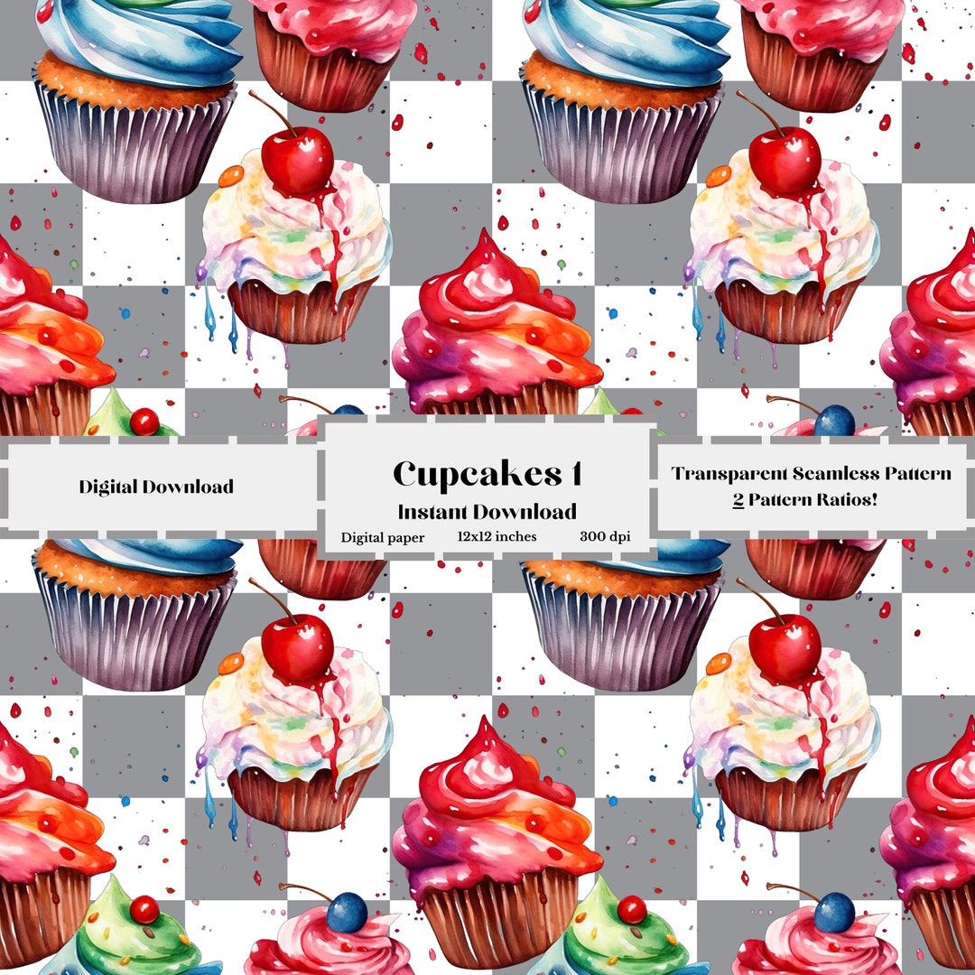 Cupcake Digital Paper, Seamless Cupcake Patterns, Transparent Birthday ...