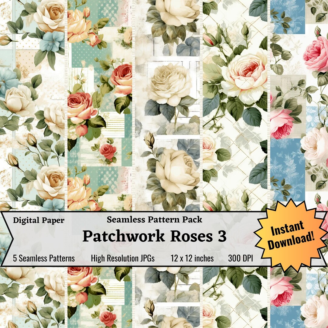 Roses Patchwork Digital Paper, Patchwork Roses Pattern, Roses Patchwork ...