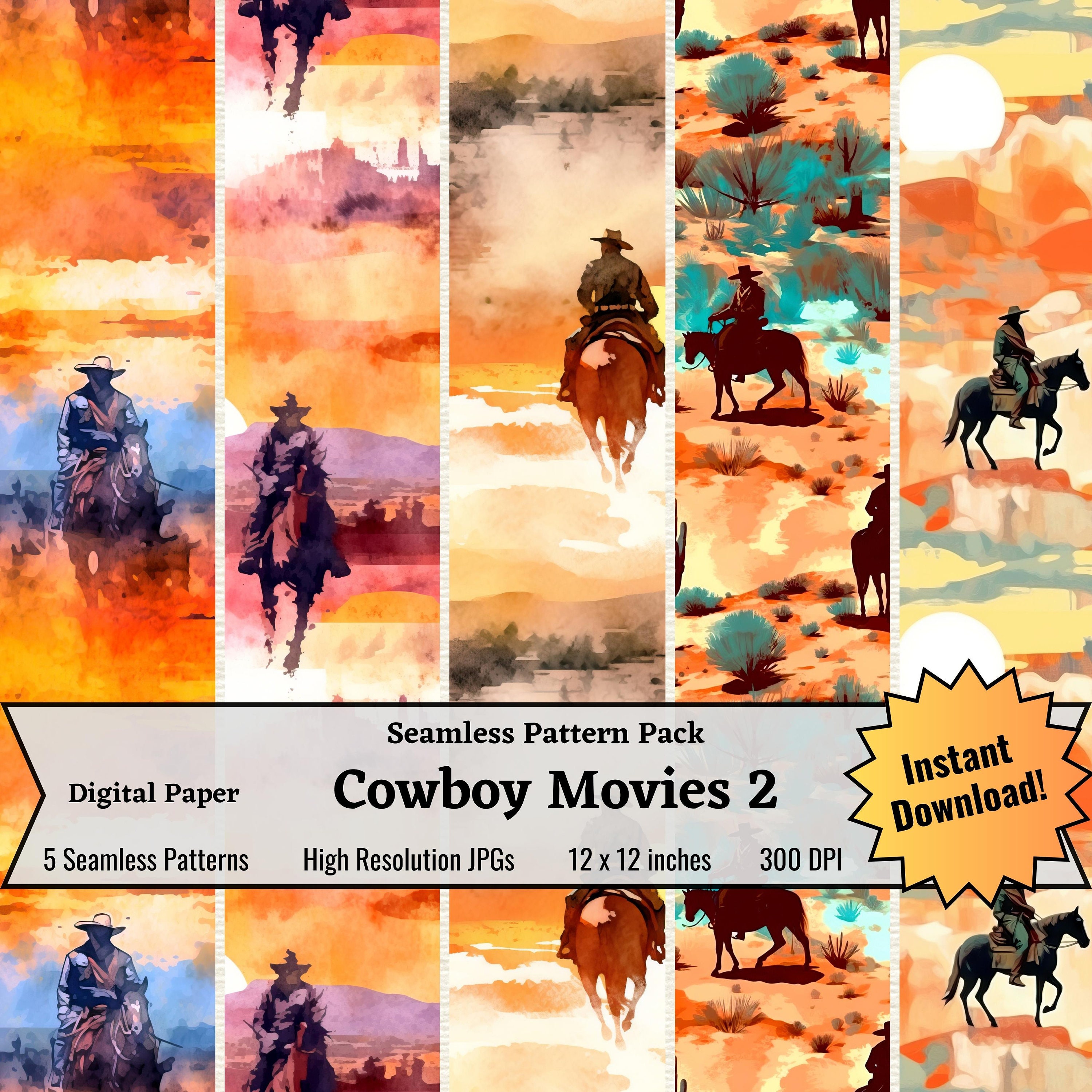 Cowboy Movies Digital Paper, Seamless Cowboy Pattern, Wild West ...