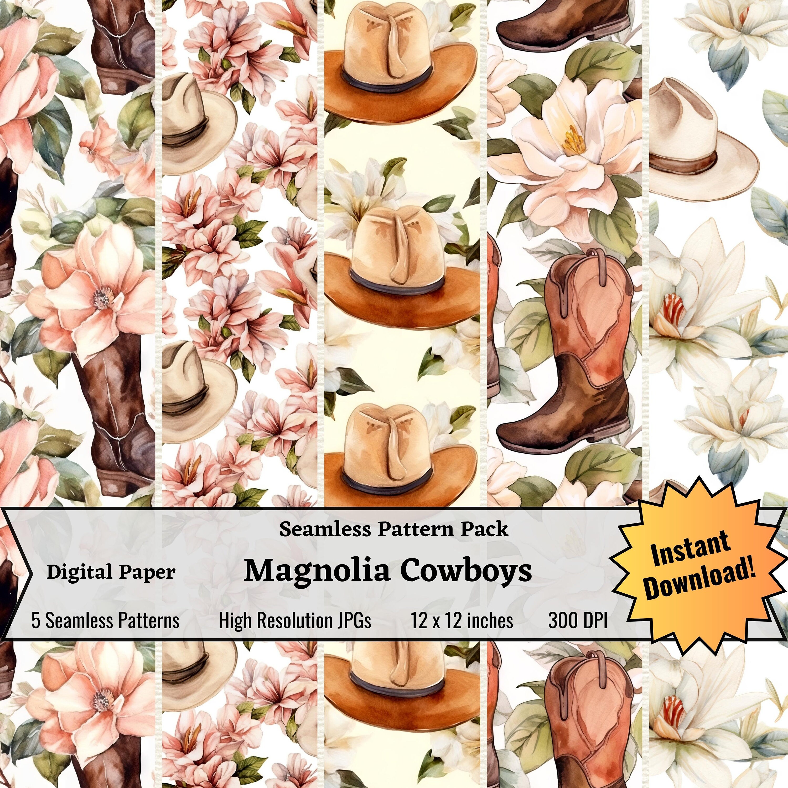 Magnolia Cowboys Digital Paper Seamless Cowboy Patterns Cute - Etsy