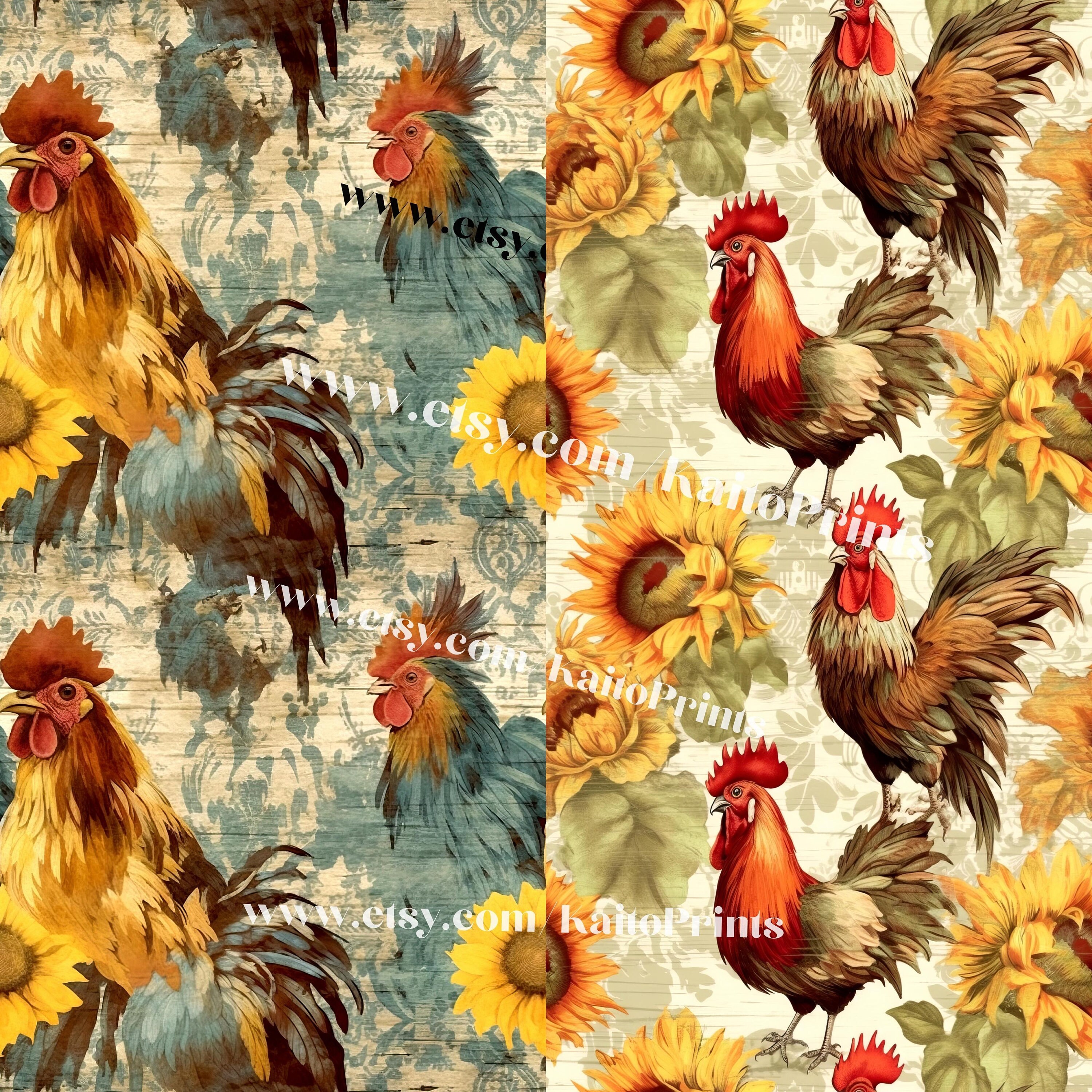 Vintage Chic Rooster Patterns, Seamless Chic Rooster Patterns, Vintage ...