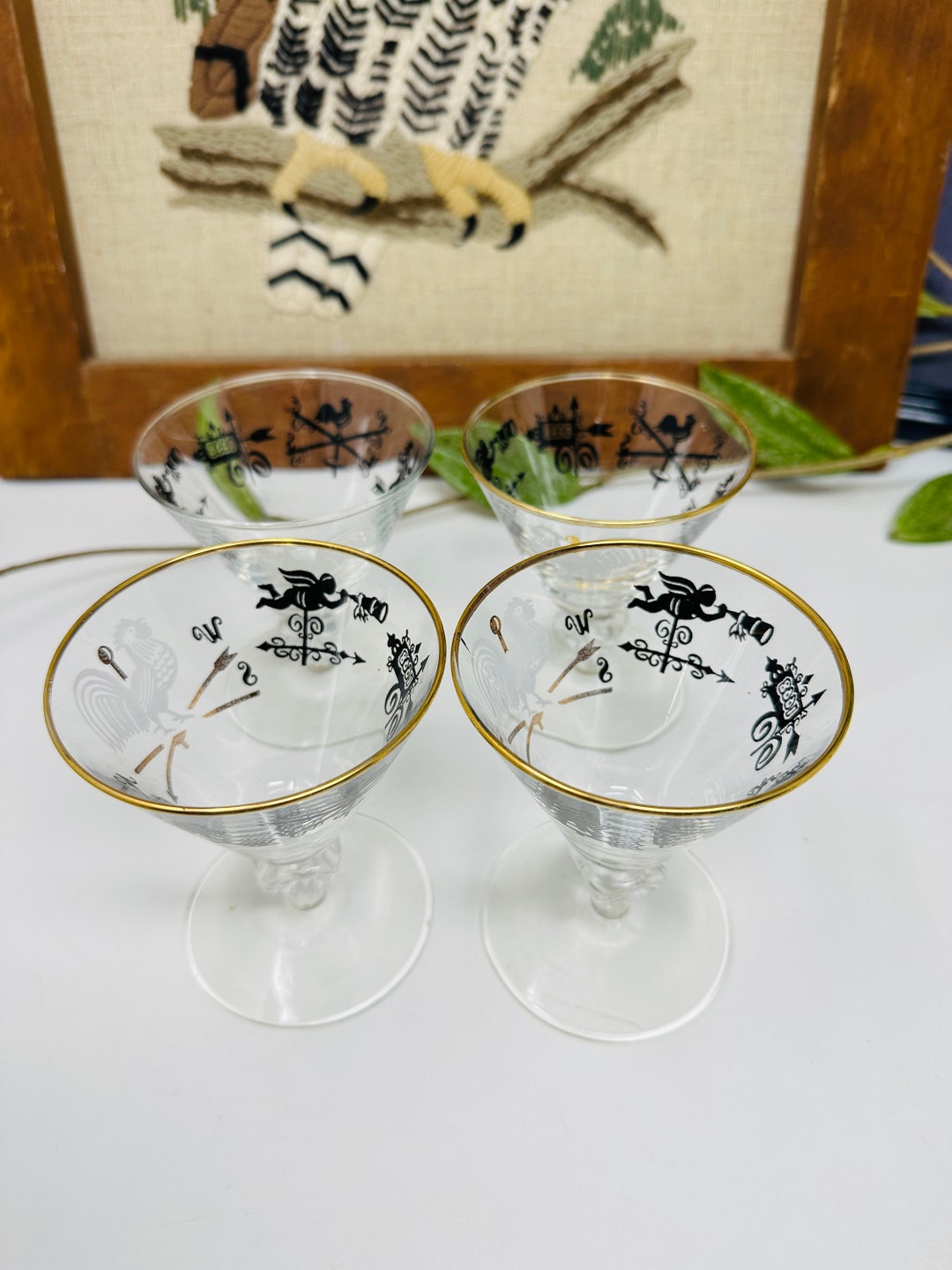 Vintage Libbey Cocktail Glasses: Rooster Weathervane Design, Gold Rim ...