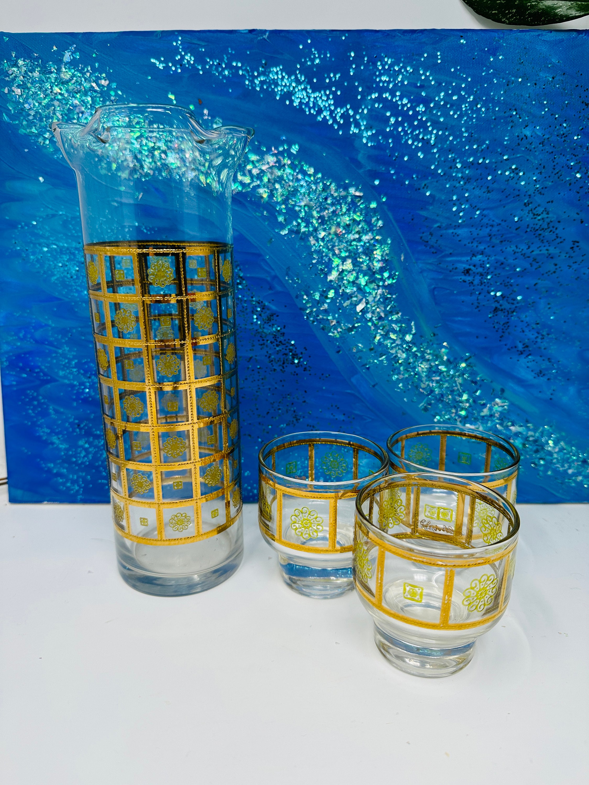 Vintage Culver Glass Cocktail Pitcher Set - 3 Glasses, 1 Pitcher - 22 ...