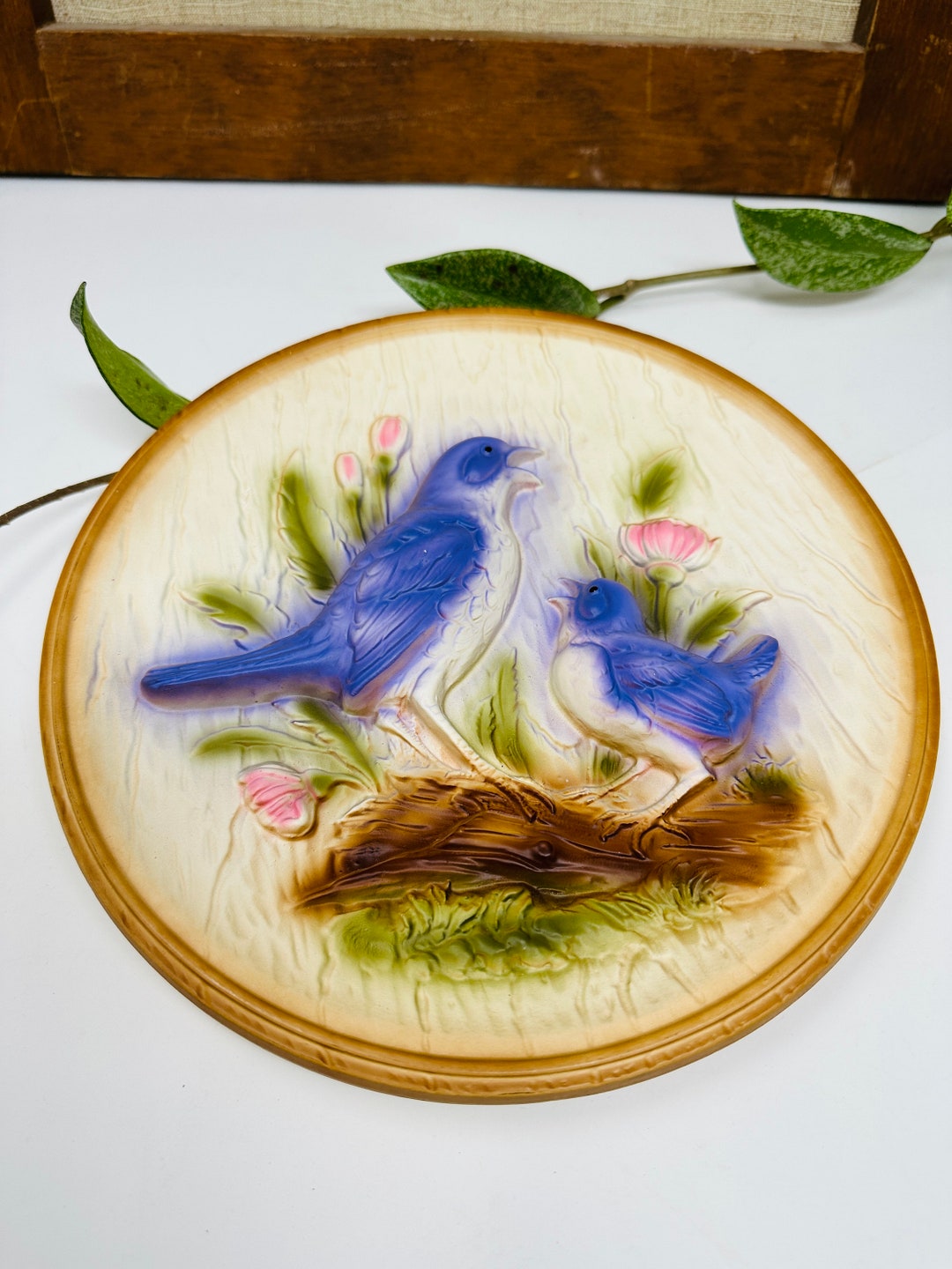 Vintage Favor Ind Chalkware Plate / Bird Decor - Blue Birds, Pink ...