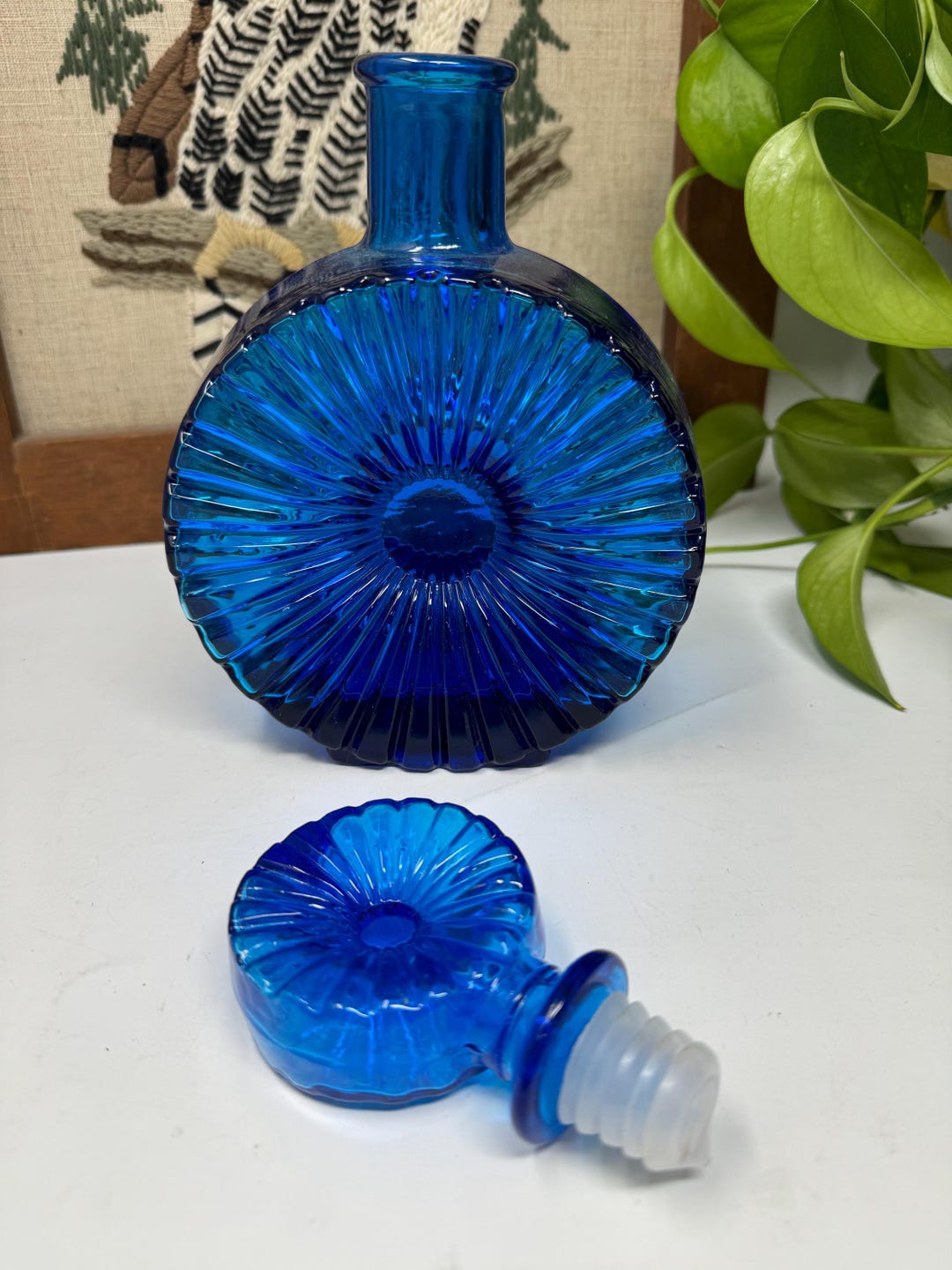 Rare Vintage Italian Empoli Blue Glass Sunburst/sunburst Decanter ...