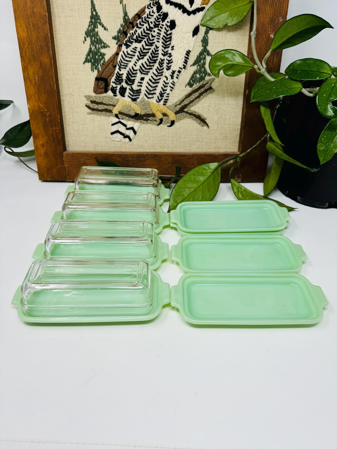 Vintage FIRE KING Oven Ware Covered JADEITE Butter Dish W/ Clear Glass ...