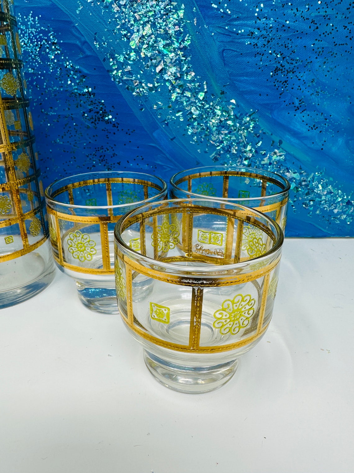Vintage Culver Glass Cocktail Pitcher Set 3 Glasses, 1 Pitcher 22 Karat ...