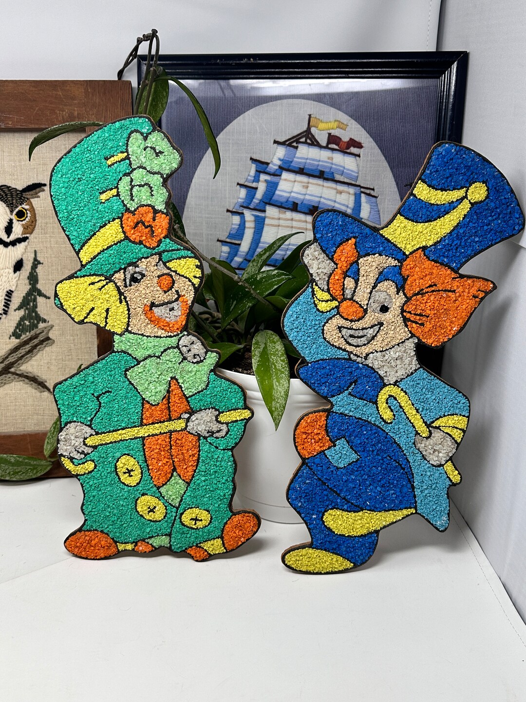 Set of Two Vintage 1970s Clown Sand Art Wall Hangings Multi Coloured in ...