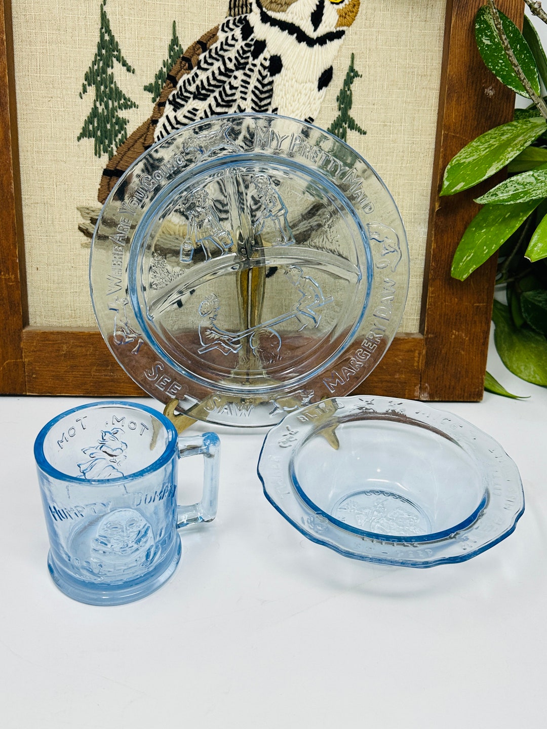 1970s Indiana Tiara Glass Blue Child's Nursery Rhyme Set of Three- Mug ...