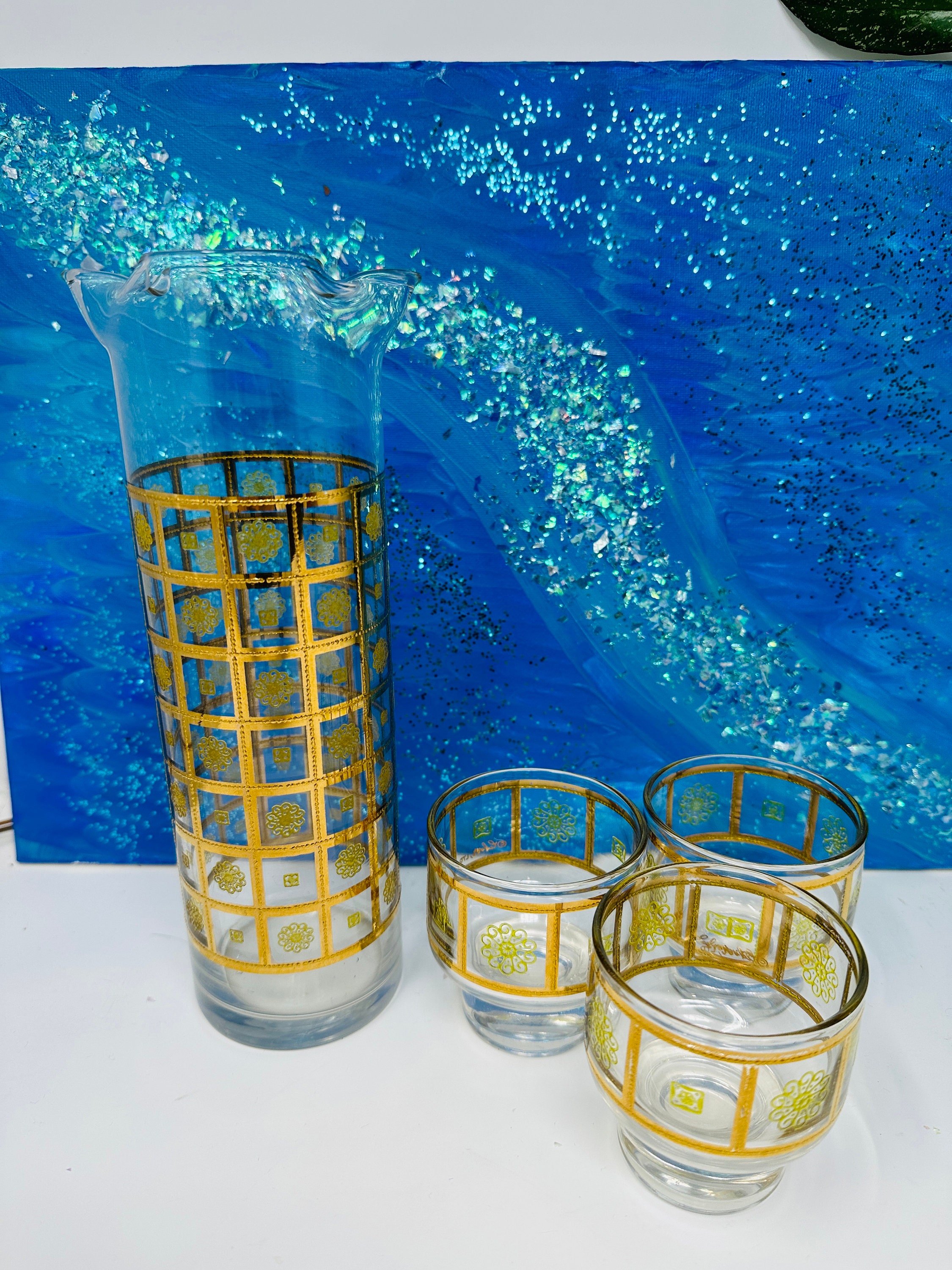 Vintage Culver Glass Cocktail Pitcher Set - 3 Glasses, 1 Pitcher - 22 ...