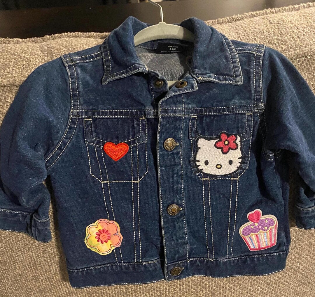 Hello Kitty Patches Upcycled Denim Jacket for Baby Girl Size 3-6 Months ...