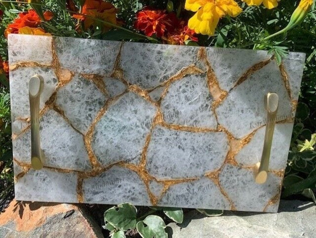 New White Agate Stone Serving Tray With Brass Handles, Charcuterie ...