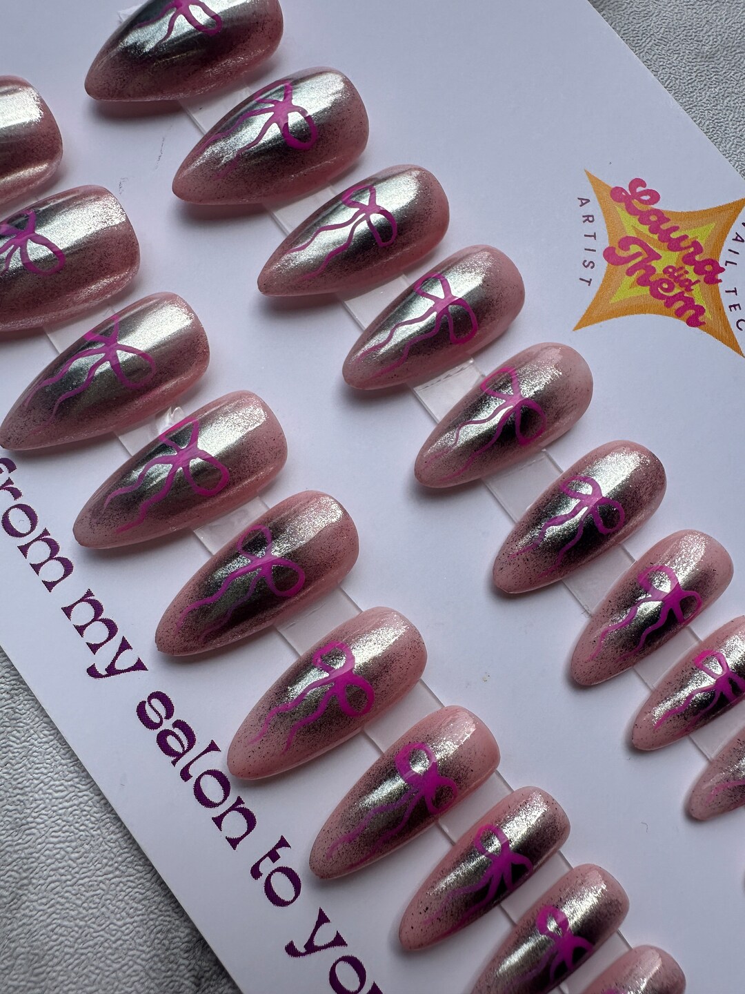 20 Nails ALL SIZES INCLUDED / Chrome Aura Bow Press on Nails, Gel Nails ...
