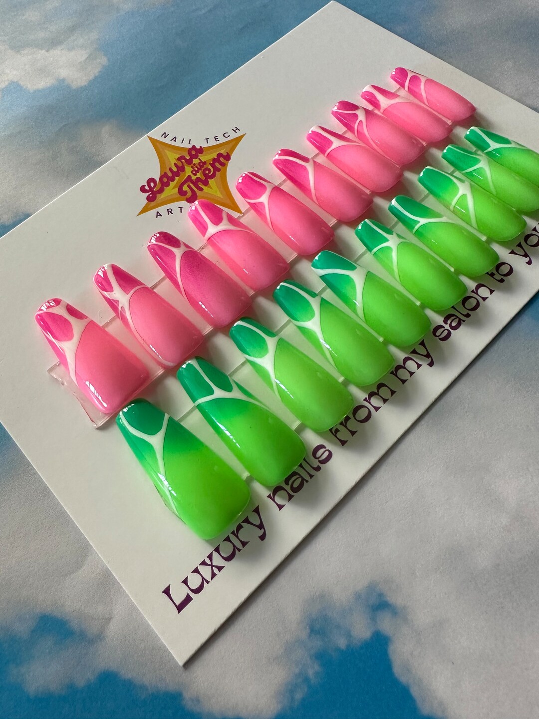 Pink Green Neon Press on Nails / Long Press on Nails, French False ...