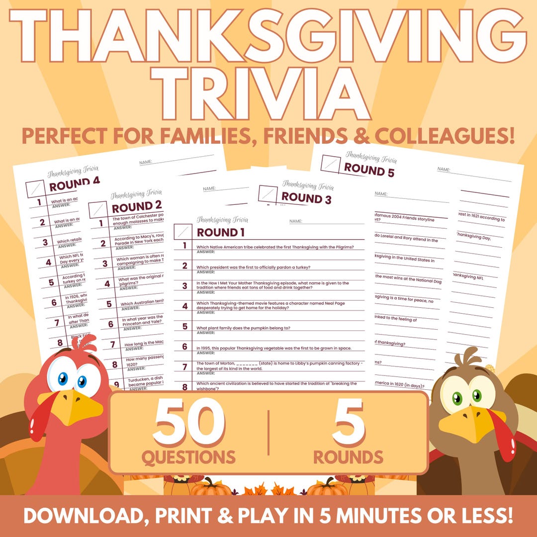 Thanksgiving Trivia Game: 50 Fun Questions (printable, Instant Download ...