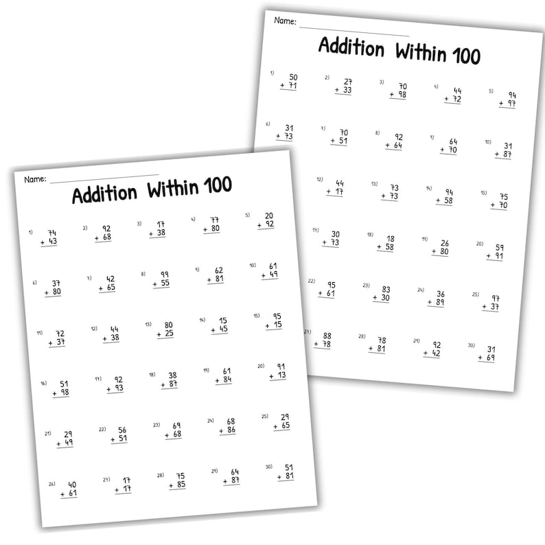 Addition Within 100 Worksheets PDF, 2nd Grade Math With & Without ...