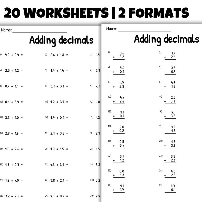 Adding Decimals Worksheets: Horizontal & Vertical 4th Grade Math ...