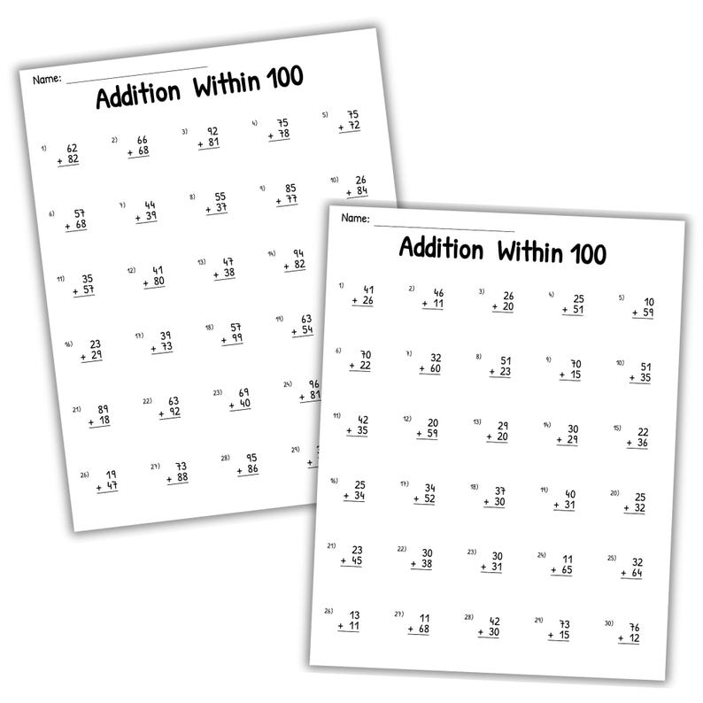 Addition Within 100 Worksheets PDF, 2nd Grade Math With & Without ...