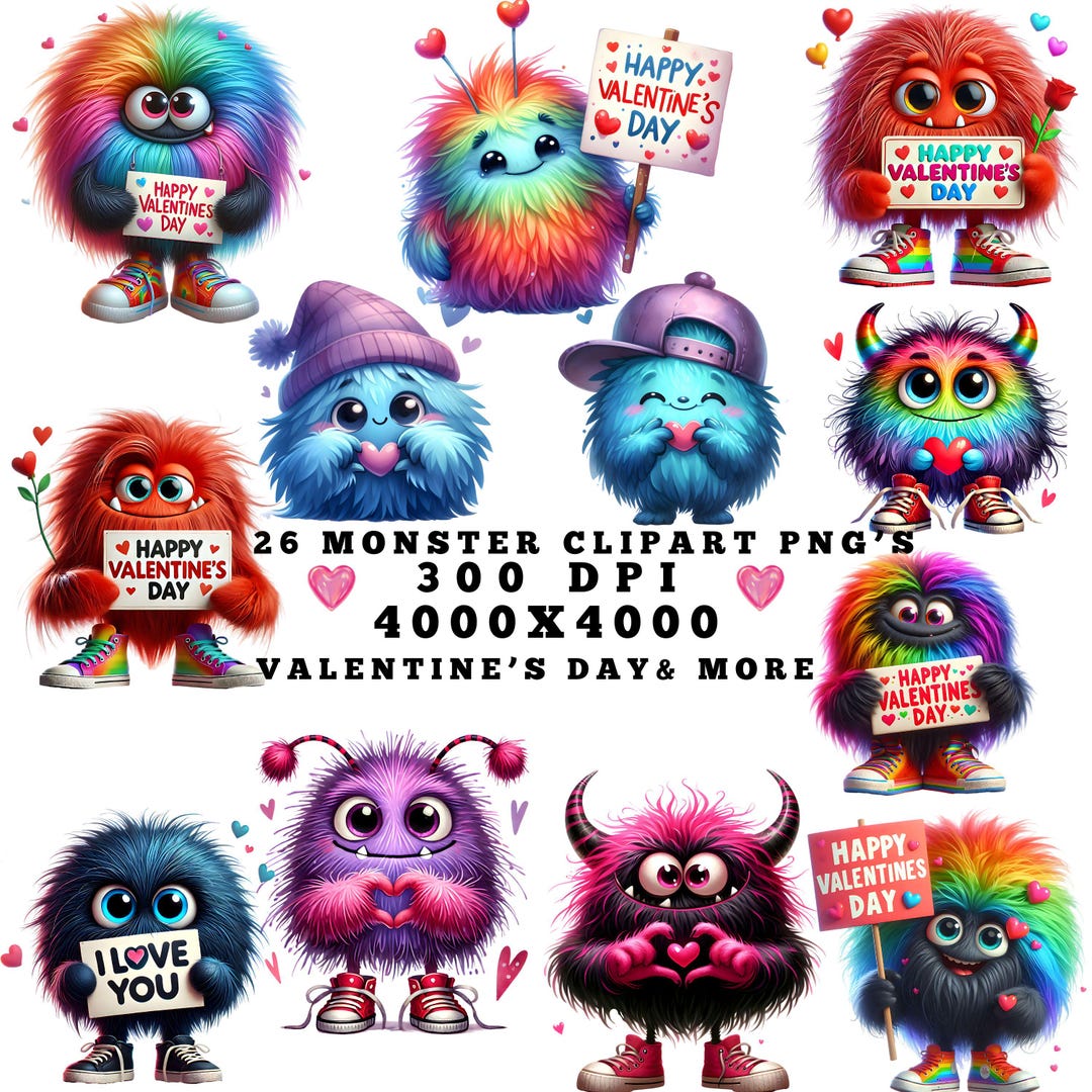 Valentine Monsters Clipart Bundle, Printable Valentines Day, Cute ...