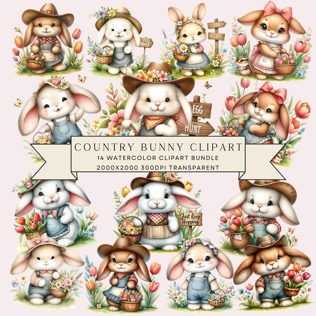 Country Watercolor Clip Art, Watercolor Western Clip Art, Bunny Clip ...
