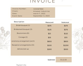 Canva Wedding Event Floral Invoice Fawn Bloom - Etsy