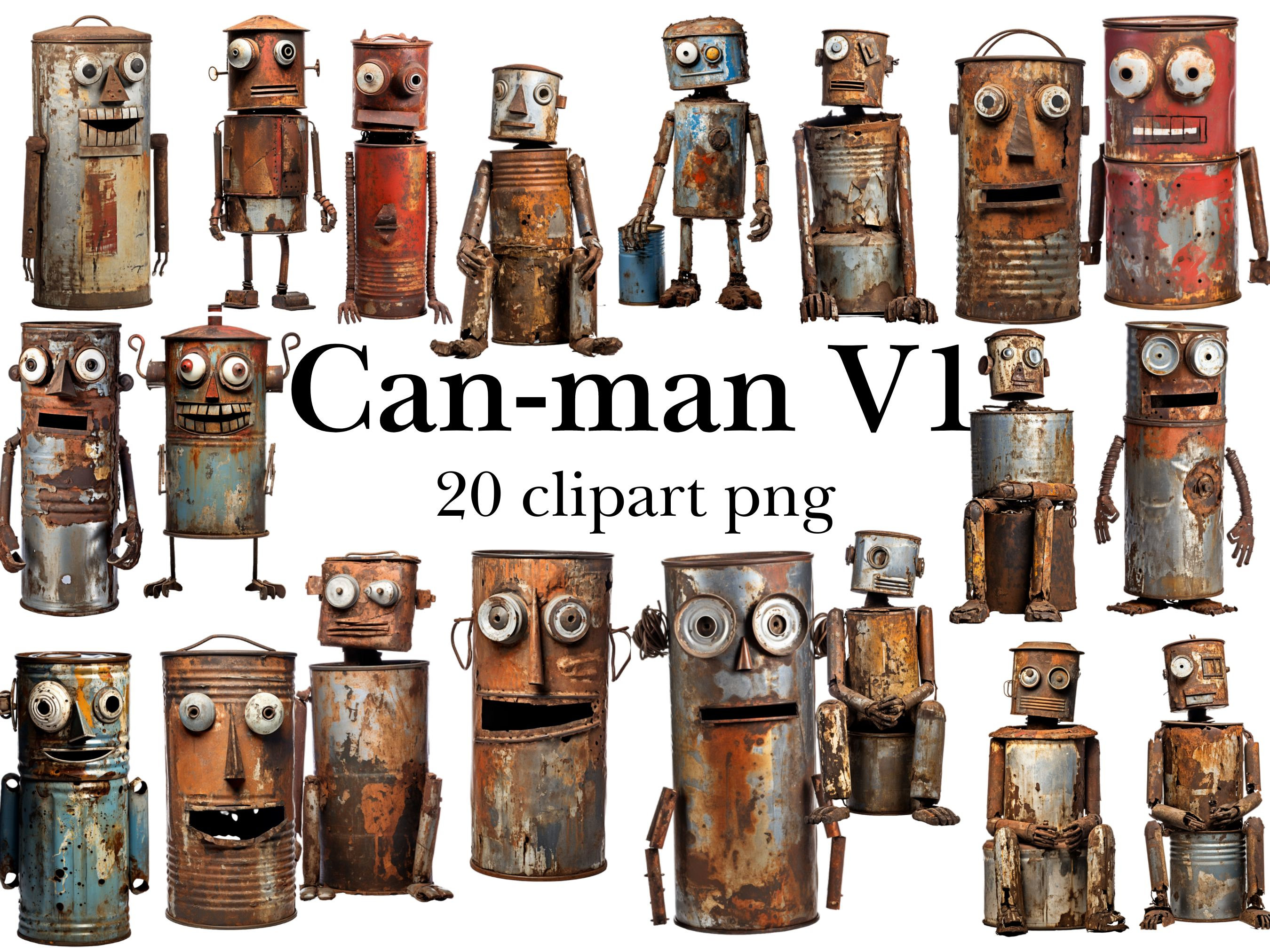 Tin Can Man Clipart Bundle, Scrap Book Art, Cute Can-man PNG, Unique ...