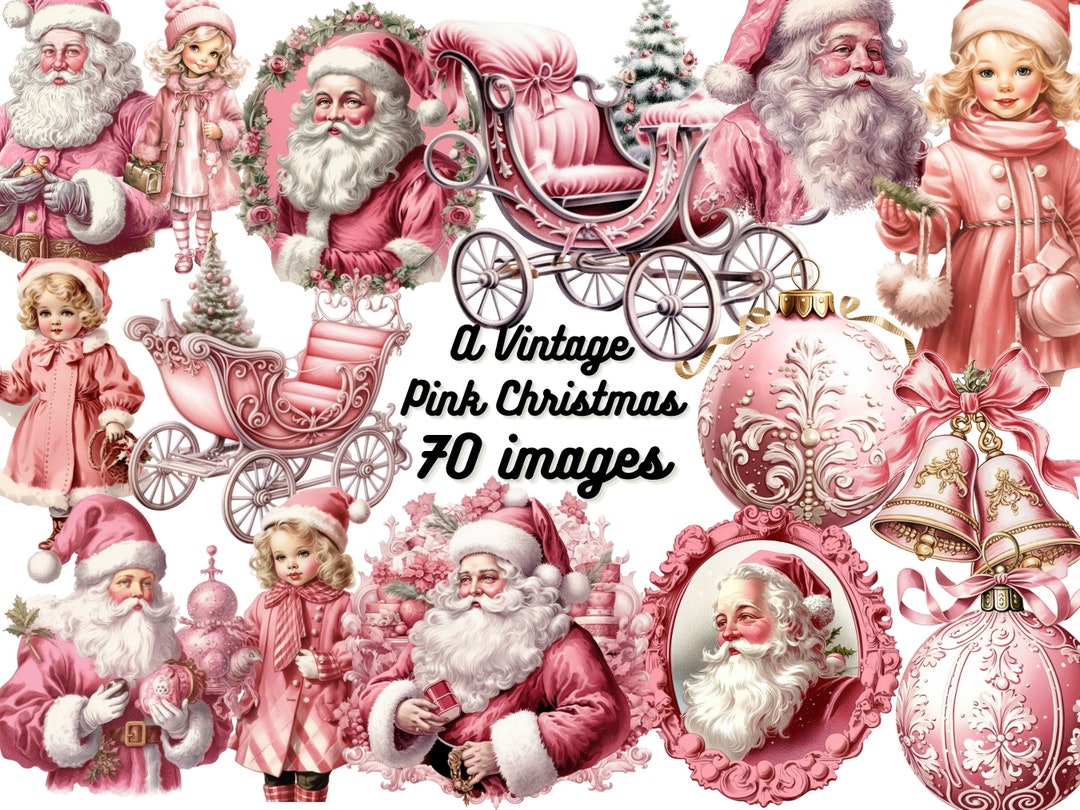 Pink Vintage Christmas Clipart Bundle, Retro Santa Claus PNG, Winter ...