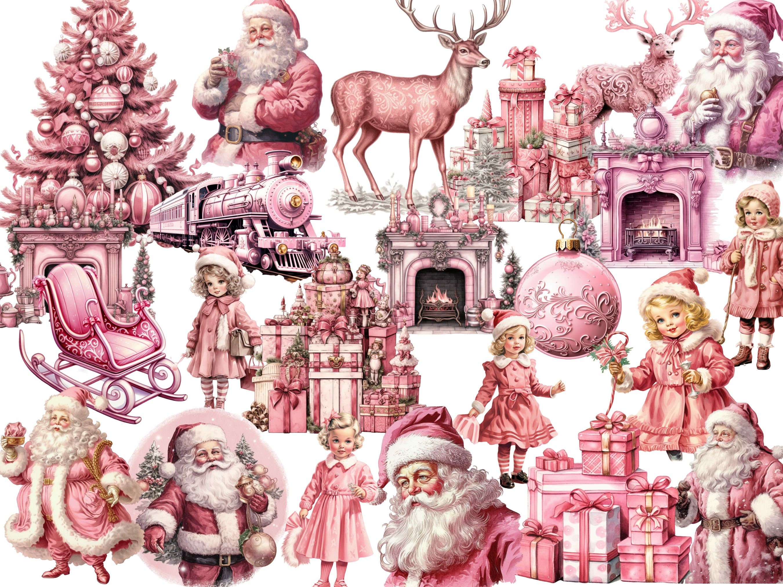 Pink Vintage Christmas Clipart Bundle, Retro Santa Claus PNG, Winter ...