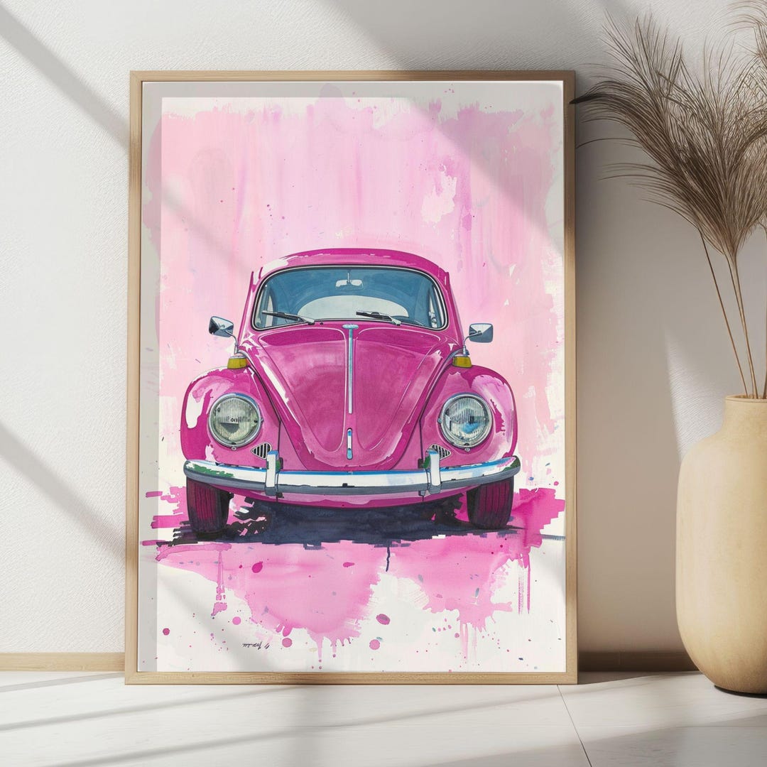 Vintage Pink VW Beetle Poster Retro Car Wall Art Classic 1960s Vehicle ...