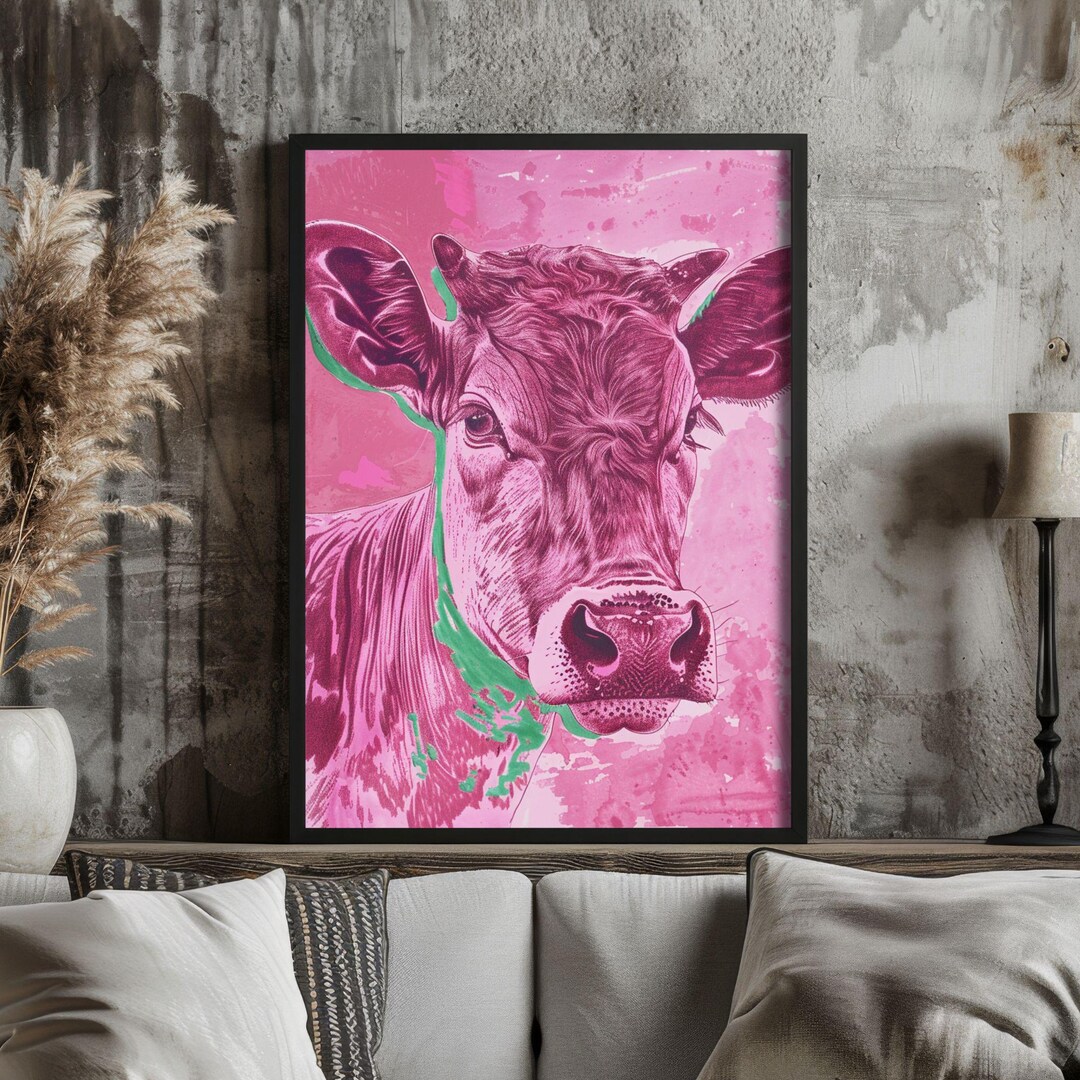 Cow Neo Pop Art Poster Cute Pink Art Poster, Poster, Room Decor, Whimsy ...