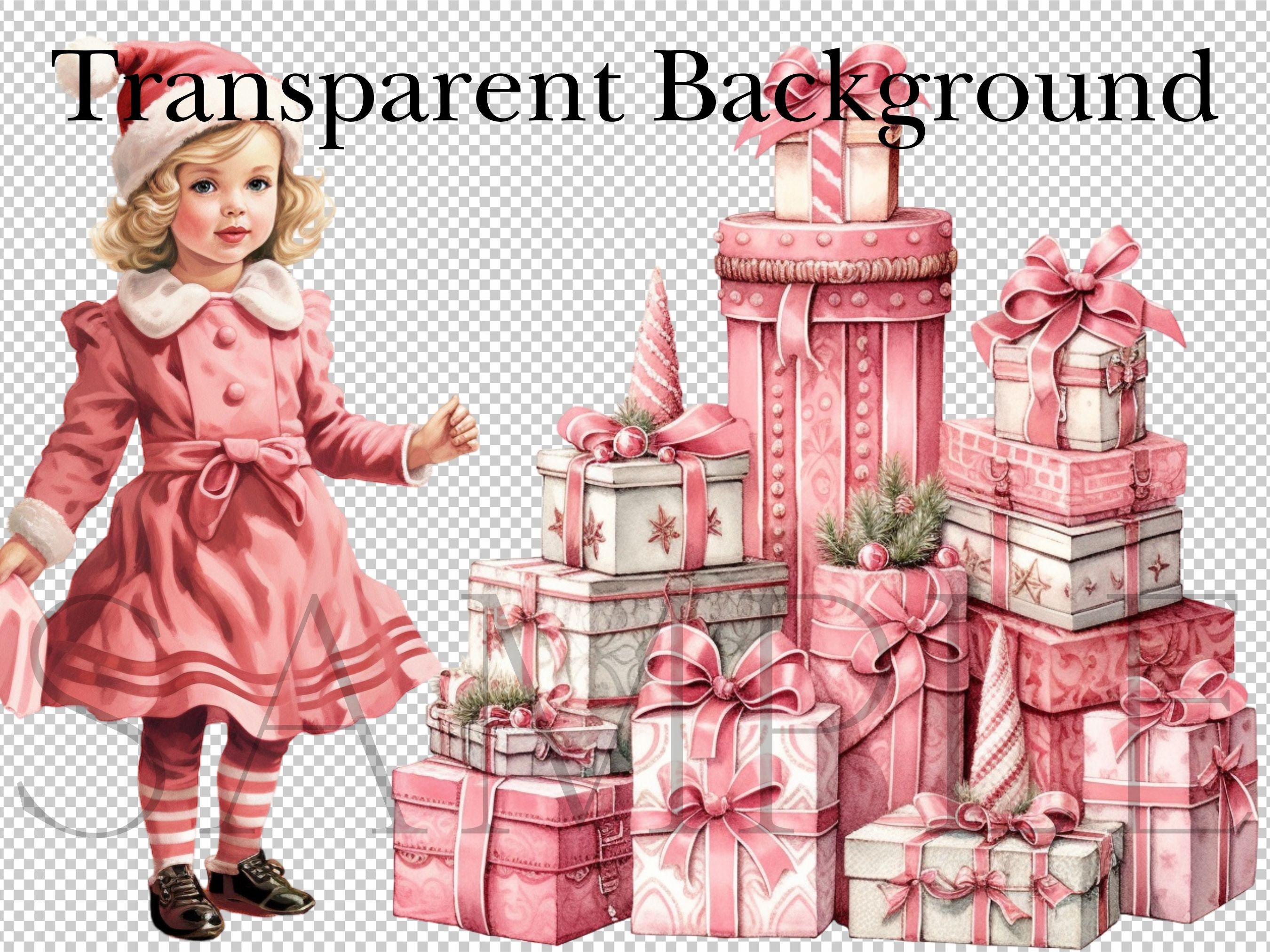 Pink Vintage Christmas Clipart Bundle, Retro Santa Claus PNG, Winter ...