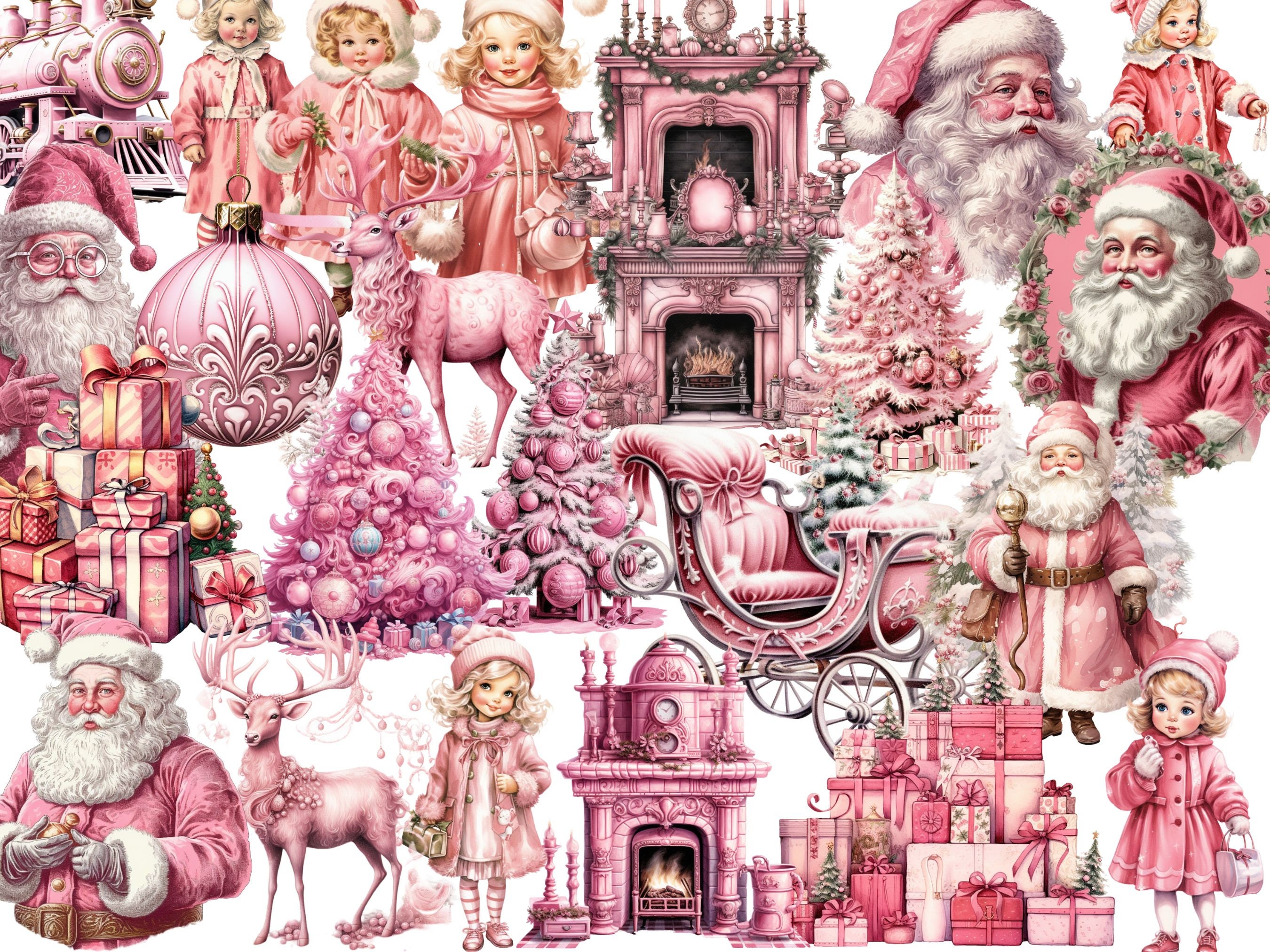 Pink Vintage Christmas Clipart Bundle, Retro Santa Claus PNG, Winter ...