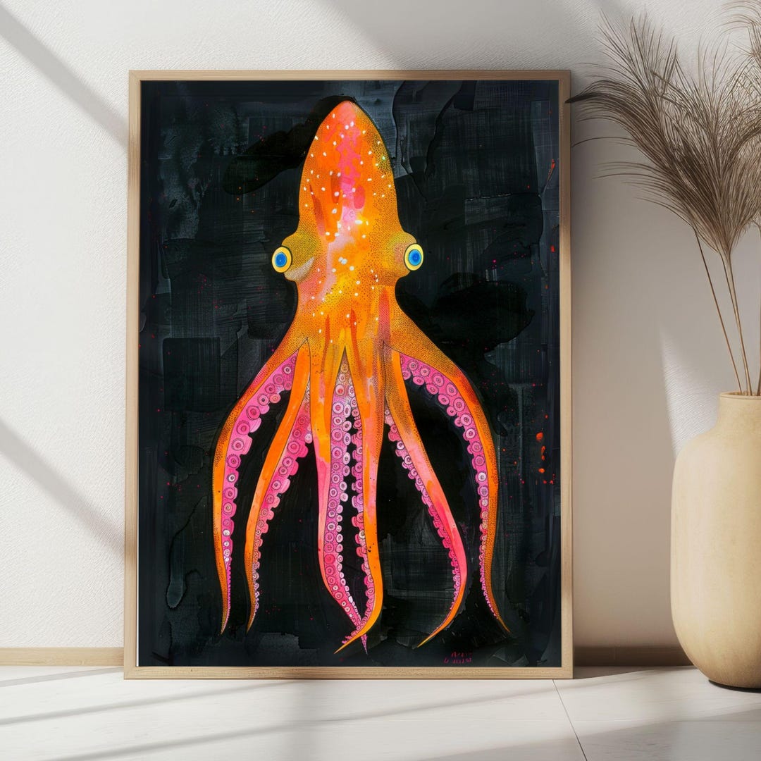 Colorful Funny Squid Poster Orange Squid Wall Art Quirky Ocean Decor ...