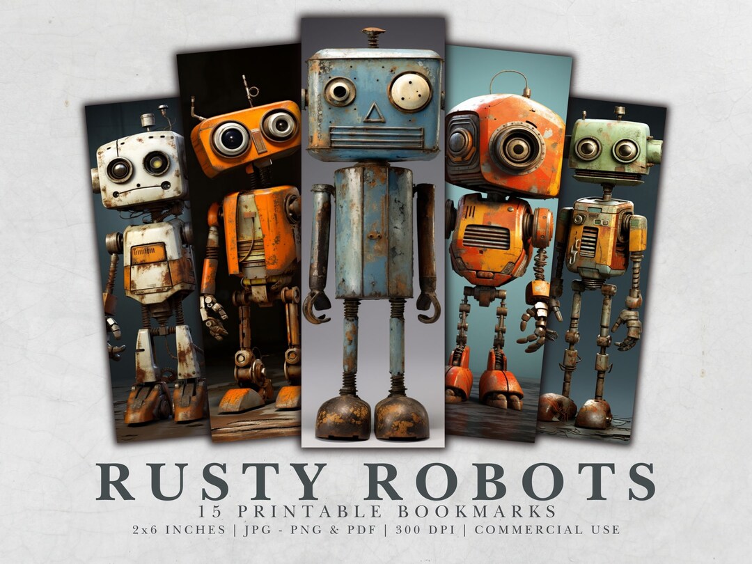 Rusty Robots 15 Printable Bookmarks Etsy Download JPG Bookmark Sheets ...