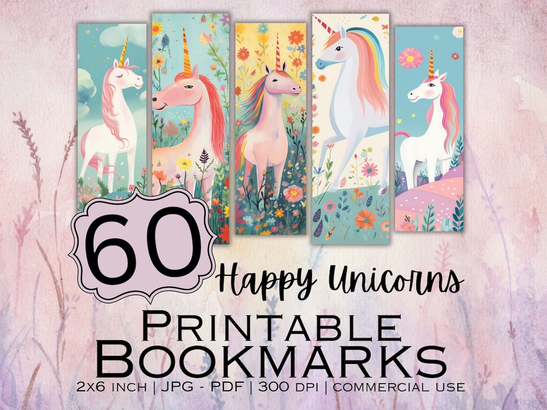 60 Happy Unicorns Printable Bookmarks Digital Download JPG Bookmark ...