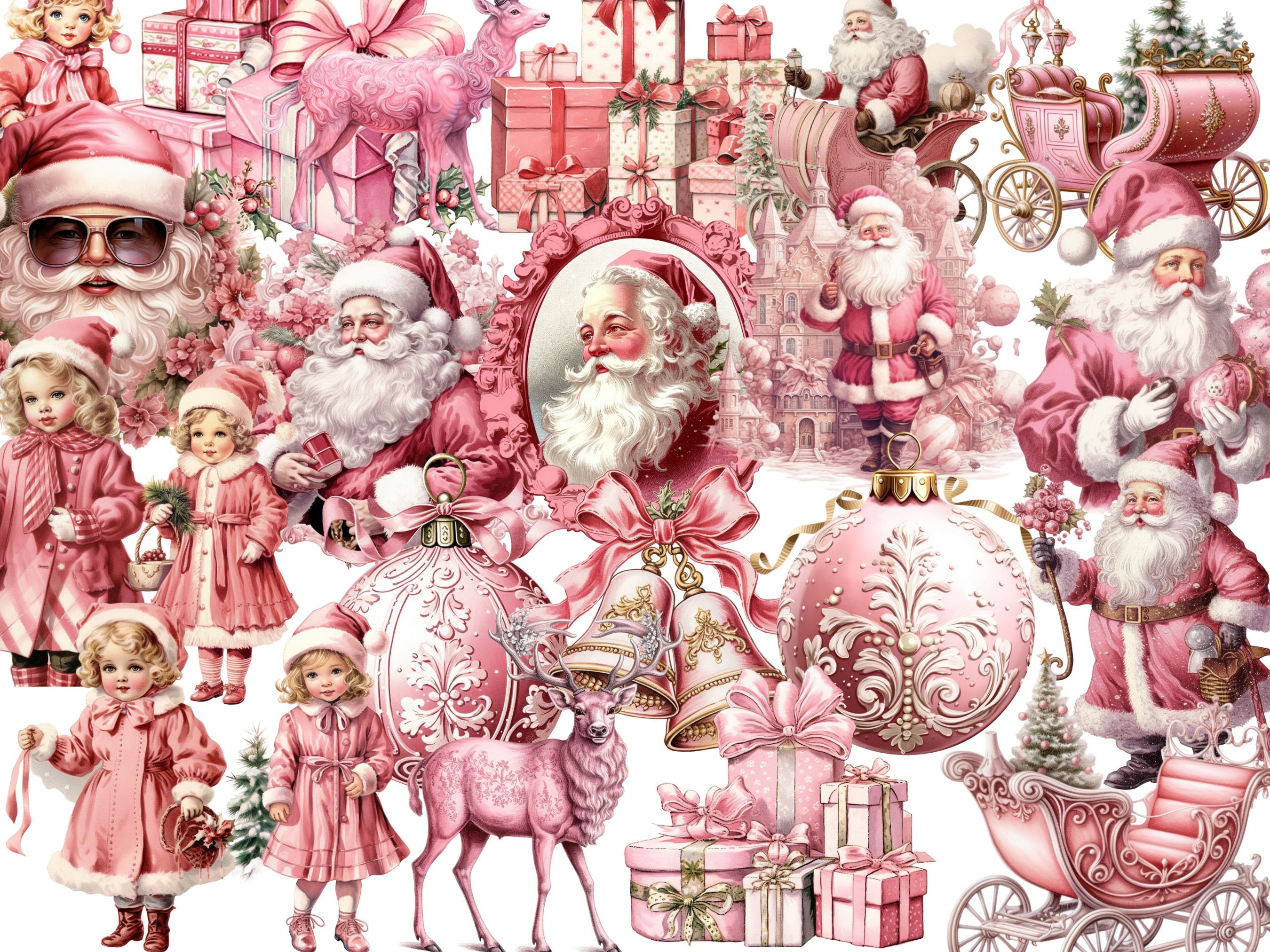 Pink Vintage Christmas Clipart Bundle, Retro Santa Claus PNG, Winter ...