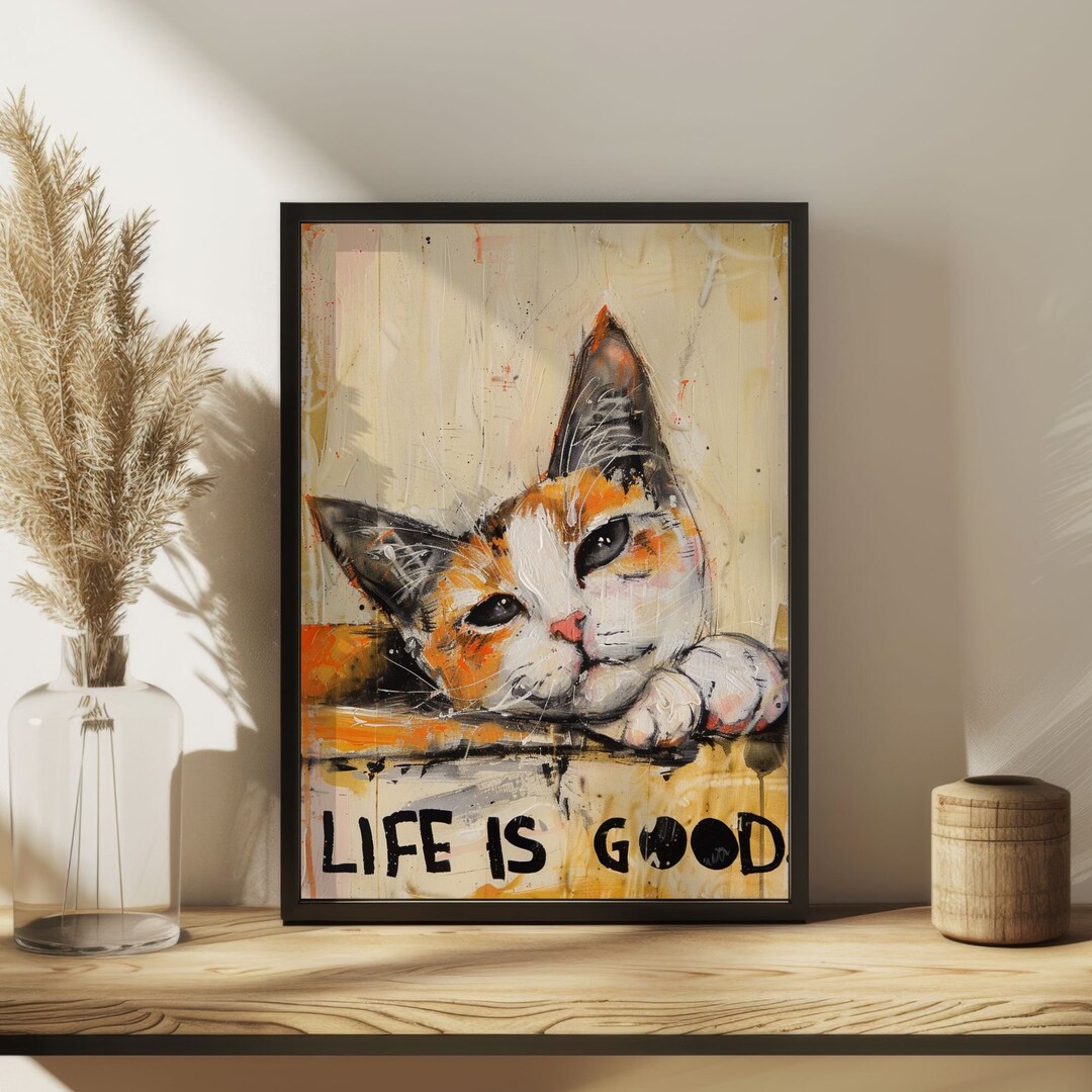 Life is Good Calico Cat, Maximalist, Original, Digital Art Print, Wall ...