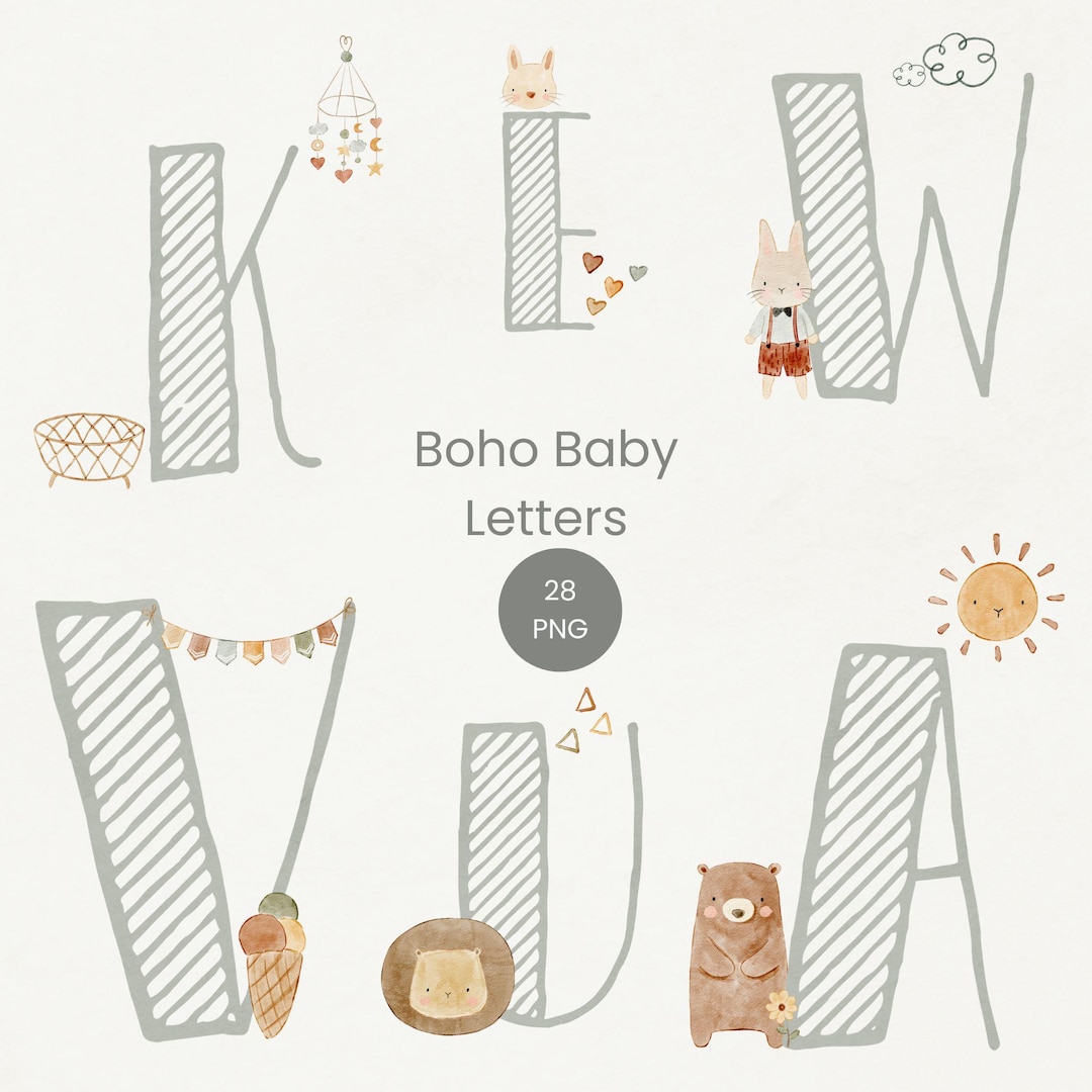 Boho Baby Alphabet Print Set – A to Z Nursery Decor - Alphabet Clipart ...