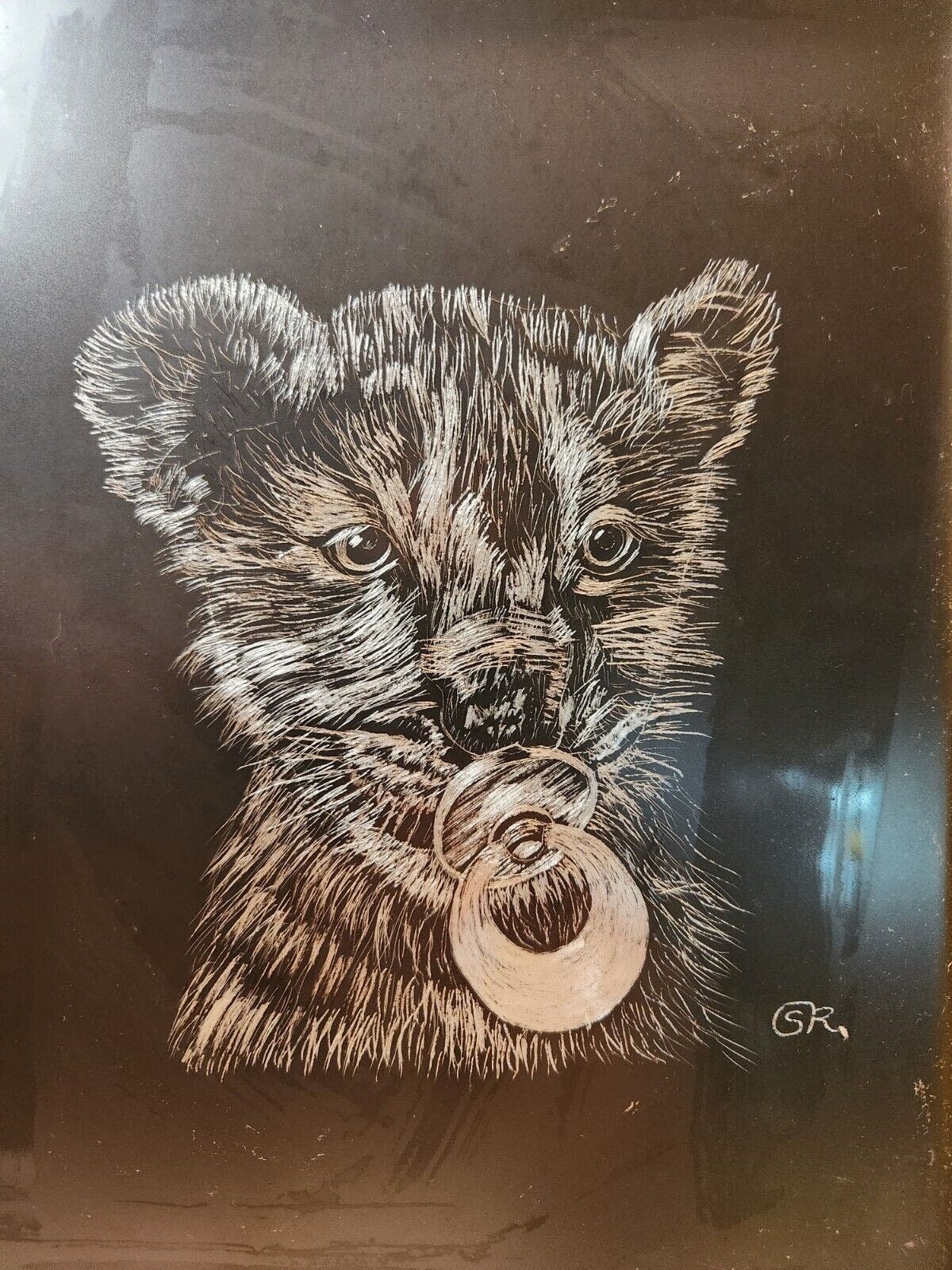 Adorable Vintage Scratchboard Art Lion Tiger Cub With Pacifier Framed ...